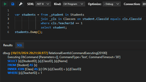 NetPad also lets you visualize the SQL executed, which is pretty handy for understanding complex ...